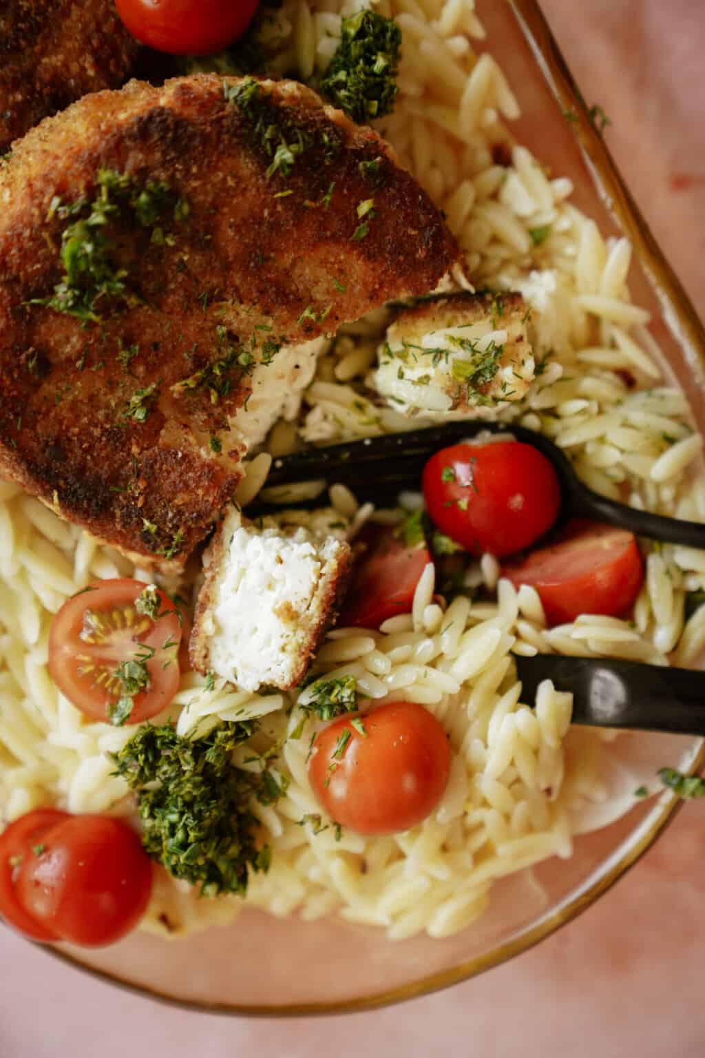 Fried Feta Pasta (Orzo) with Herb Salad - Feta Pasta | FoodByMaria Recipes