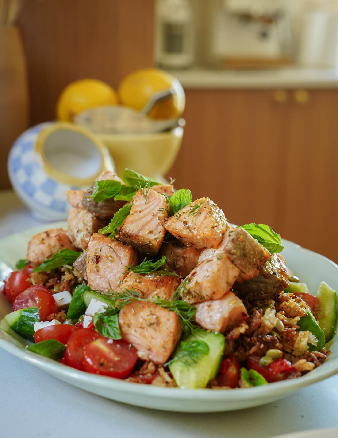 Crispy Rice Salad with Air Fryer Salmon & Ladolemono